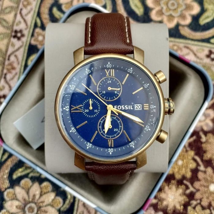 Fossil Rhett Chronograph Blue Dial Brown Leather Men's Watch BQ2099 ...