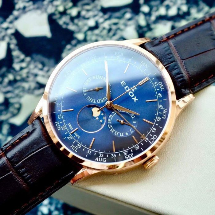 Edox Les Vauberts Moon Phase Men's Watch 40101-37RC-BUIR xách tay chính ...