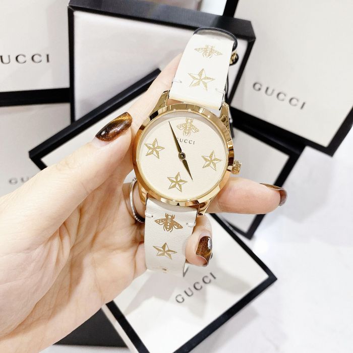 Gucci G-Timeless Mặt Tròn Viền Vàng Dây Da Màu Trắng YA1264096 xách tay ...